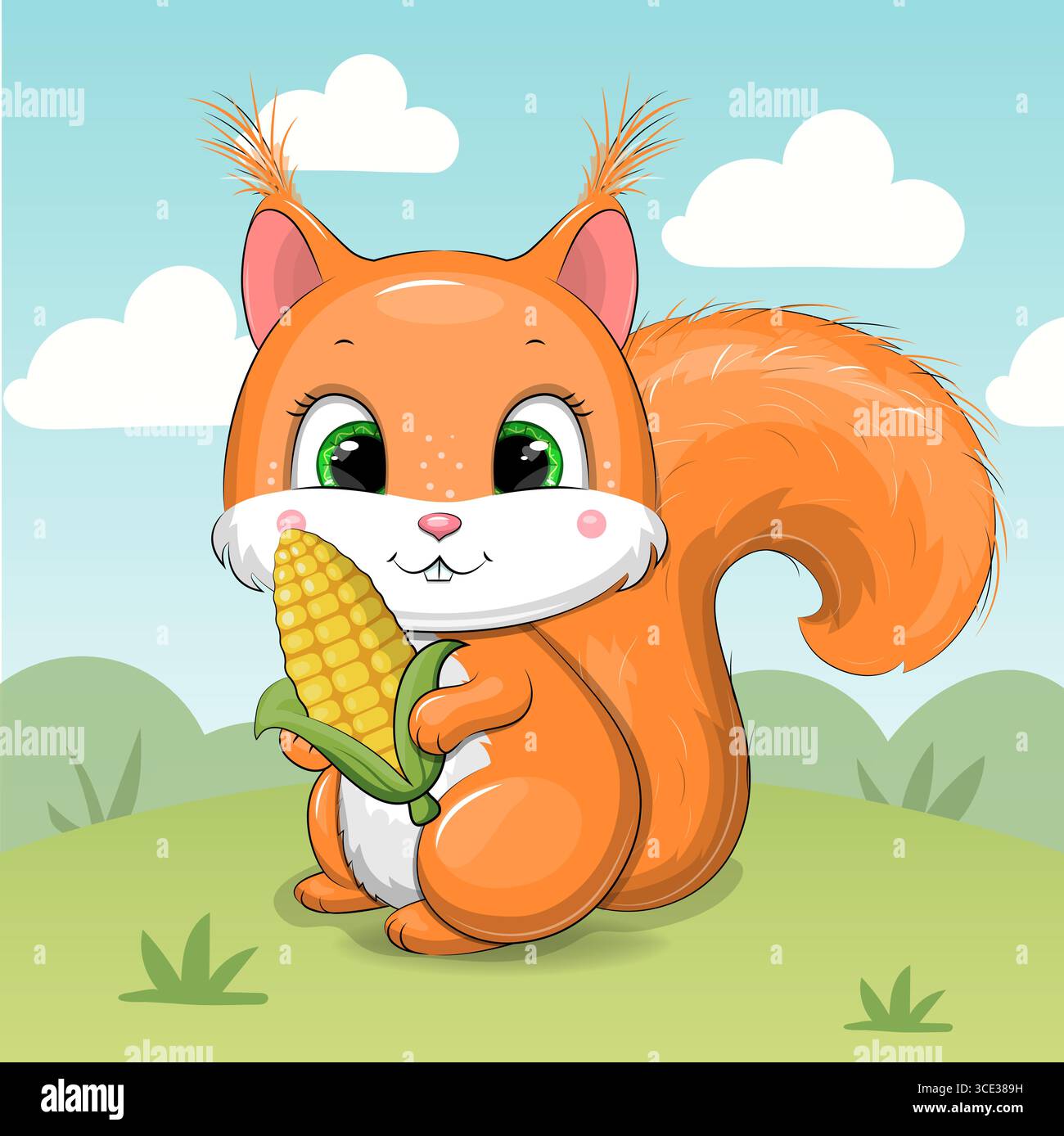 Cute cartoon Squirrel with a Corn in Nature. Vector illustration of ...