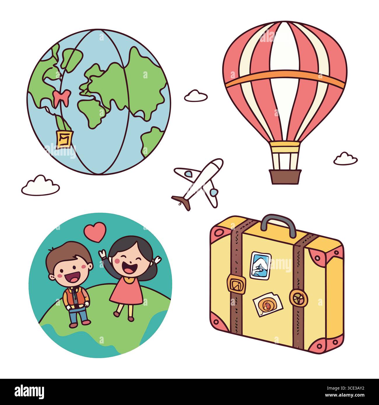 colorful vector travel illustrations with children, globe, airplane ...