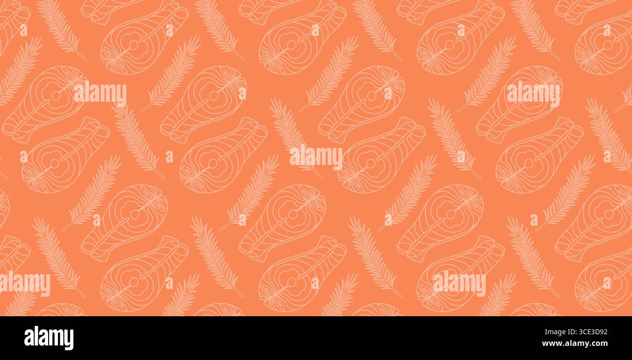 Hand Drawn Outline Salmon Steak and Rosemary twigs Seamless pattern ...