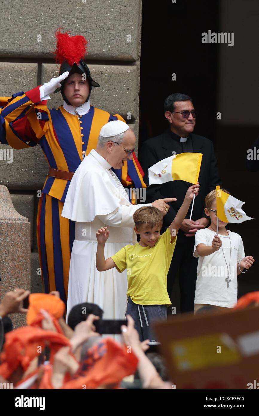Castelgandolfo, Italy - August 15, 2025: Leo XIV meets and jokes with ...