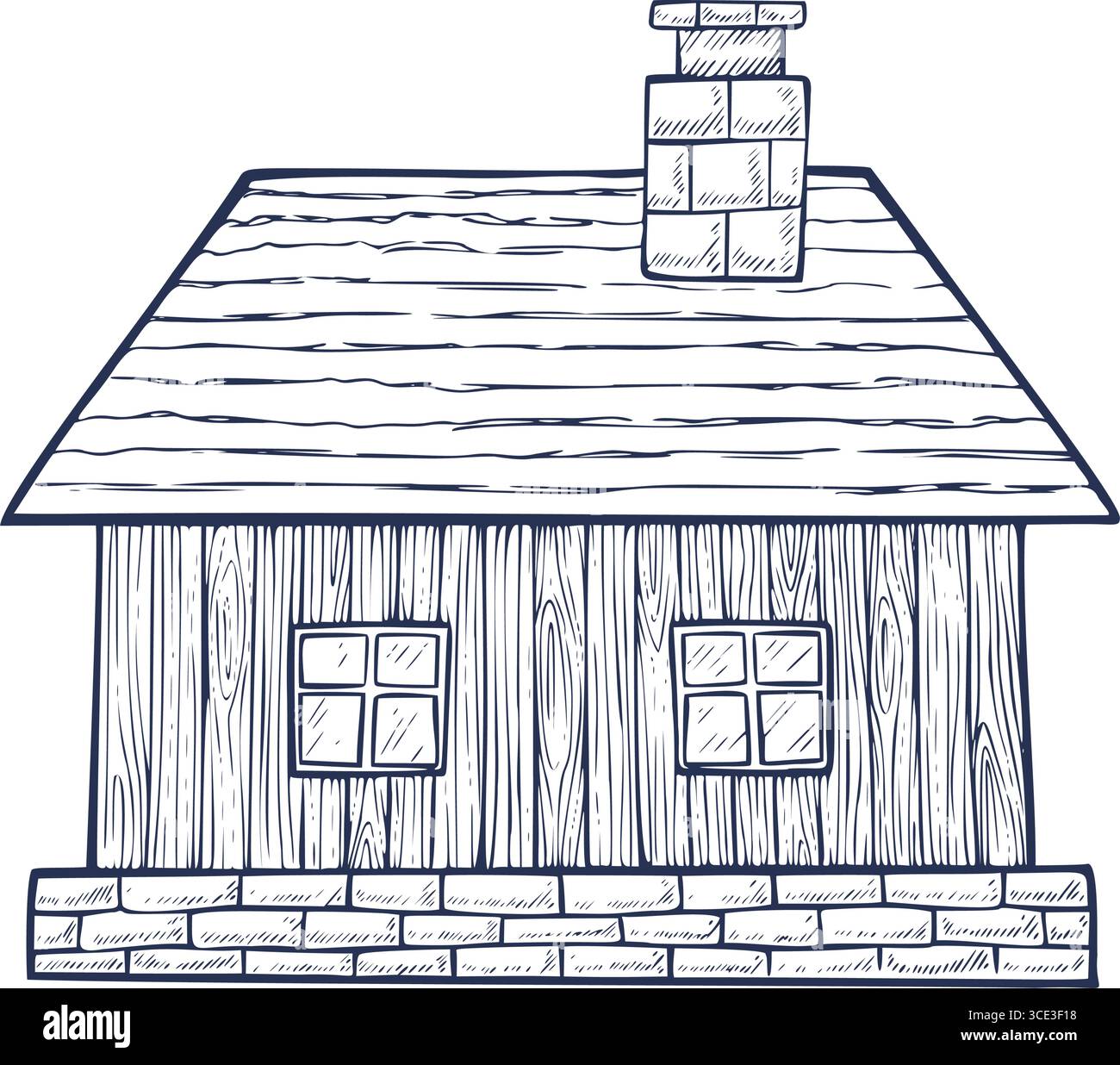 Vector illustration of small wooden Cabin with brick base and chimney ...