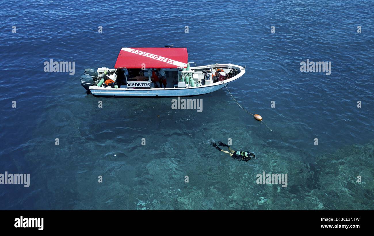 Diver scuba diving swims dives next to diving ship anchored at reef ...