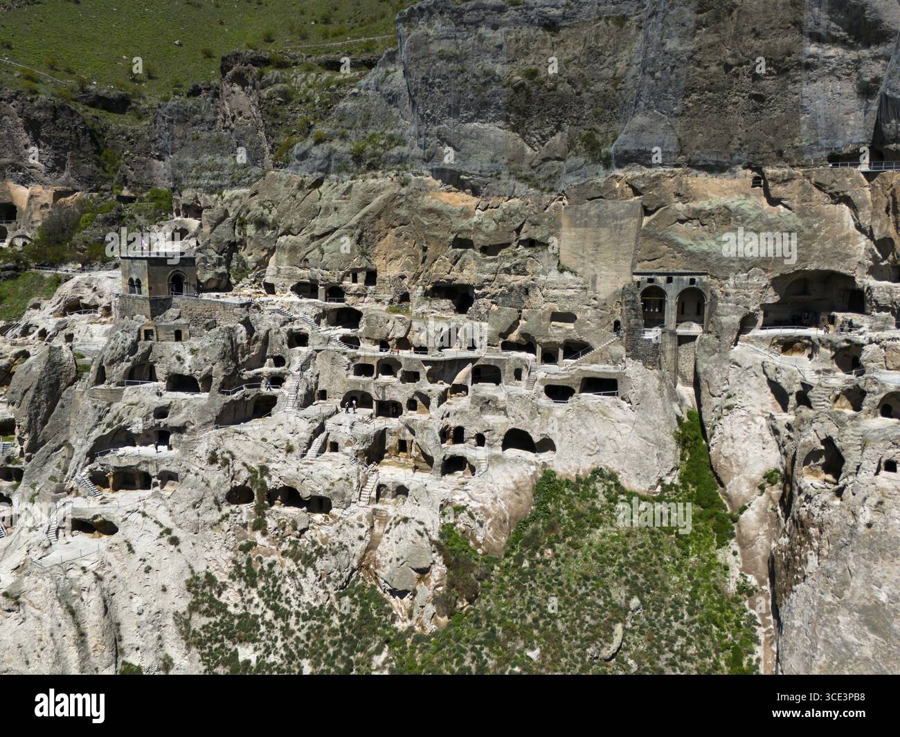 Caves lined up in a massive rock face, surrounded by green areas ...