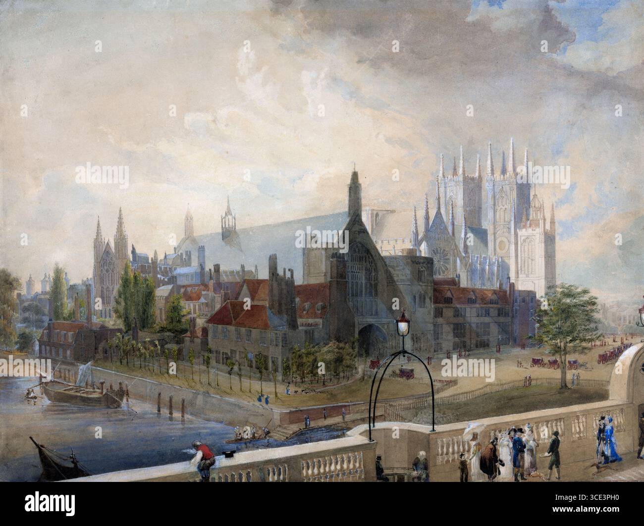 A painting of Westminster hall and the Abbey from the bridge, London ...