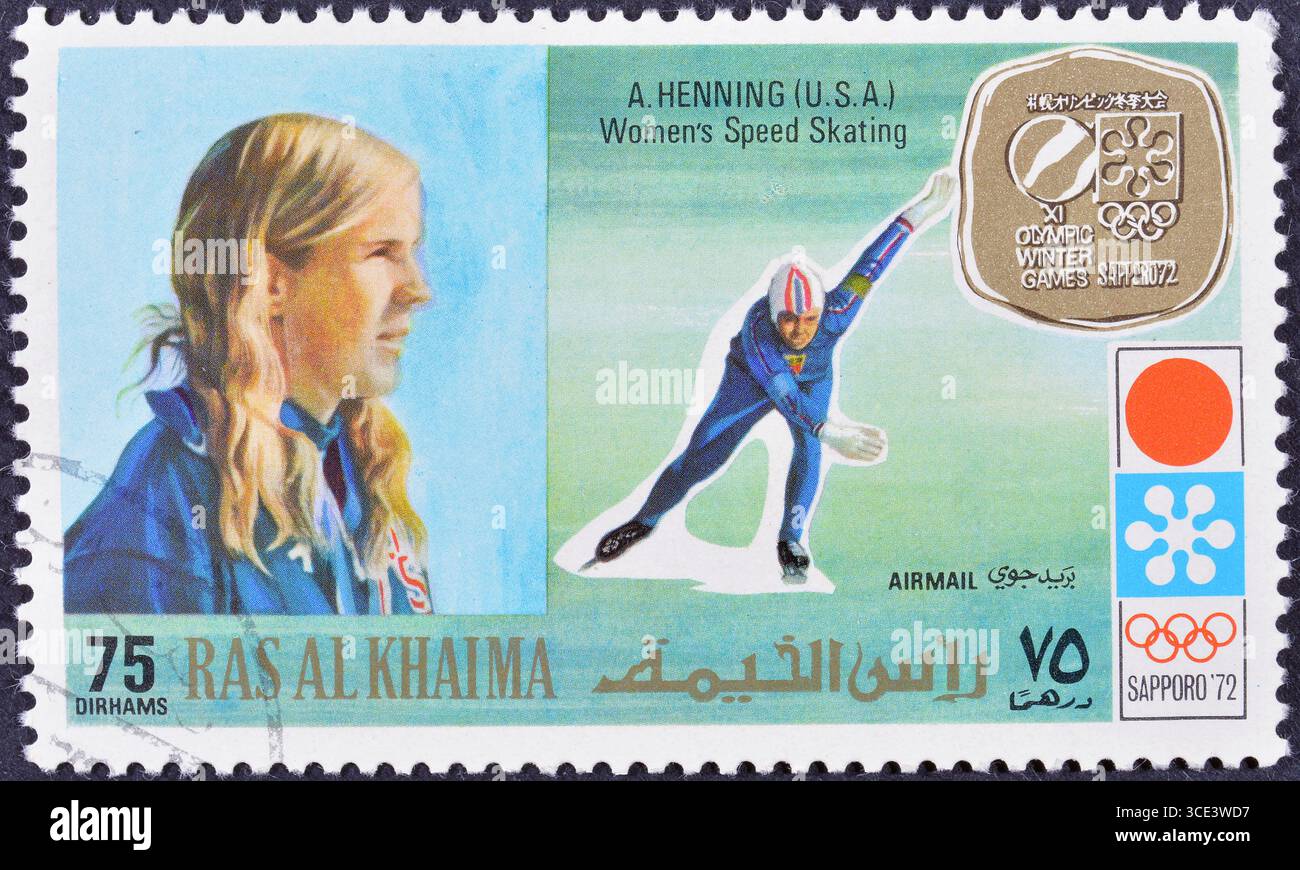 Cancelled postage stamp printed by Ras al Khaimah, that shows Gold ...