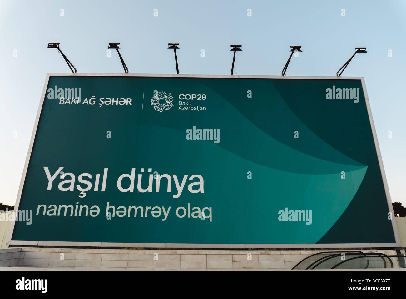COP29 logo and descriptive words on a billboard. Baku, Azedrbaijan. 28. ...