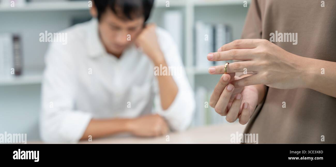 Divorce. Woman remove married ring. Couples desperate and disappointed ...