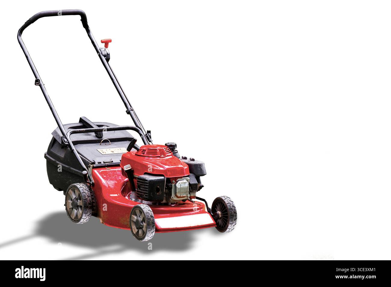 Red lawn mower isolated on white background Stock Photo - Alamy