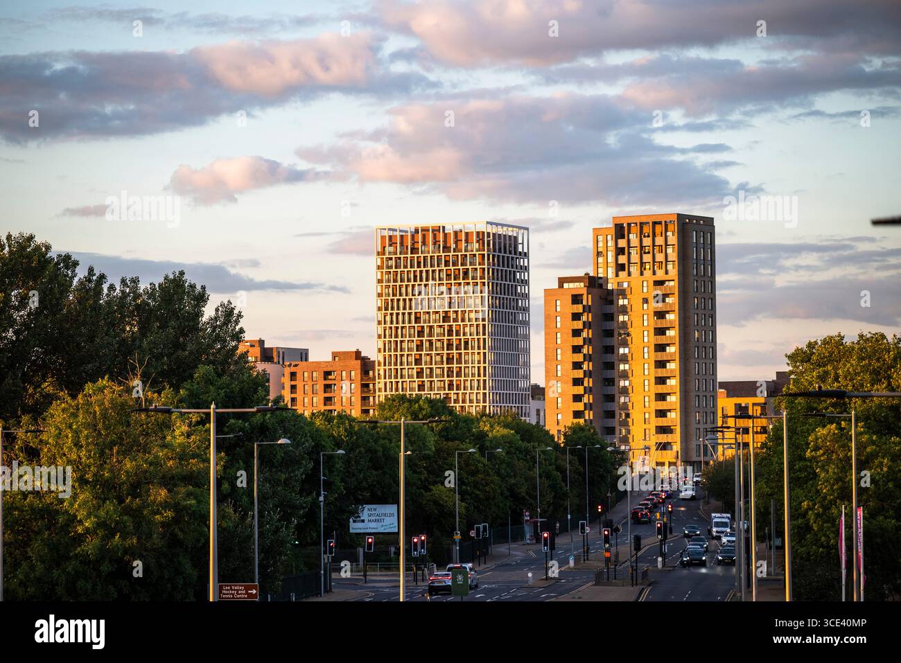 Cityscape with residential housing tower blocks and roads, Stratford ...