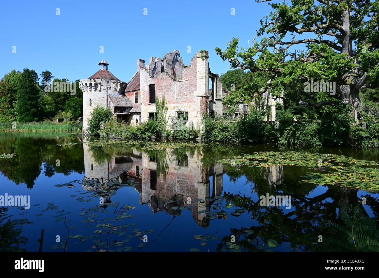 Ruins of a Medieval Moated Manor house by a lake in summertime Stock ...