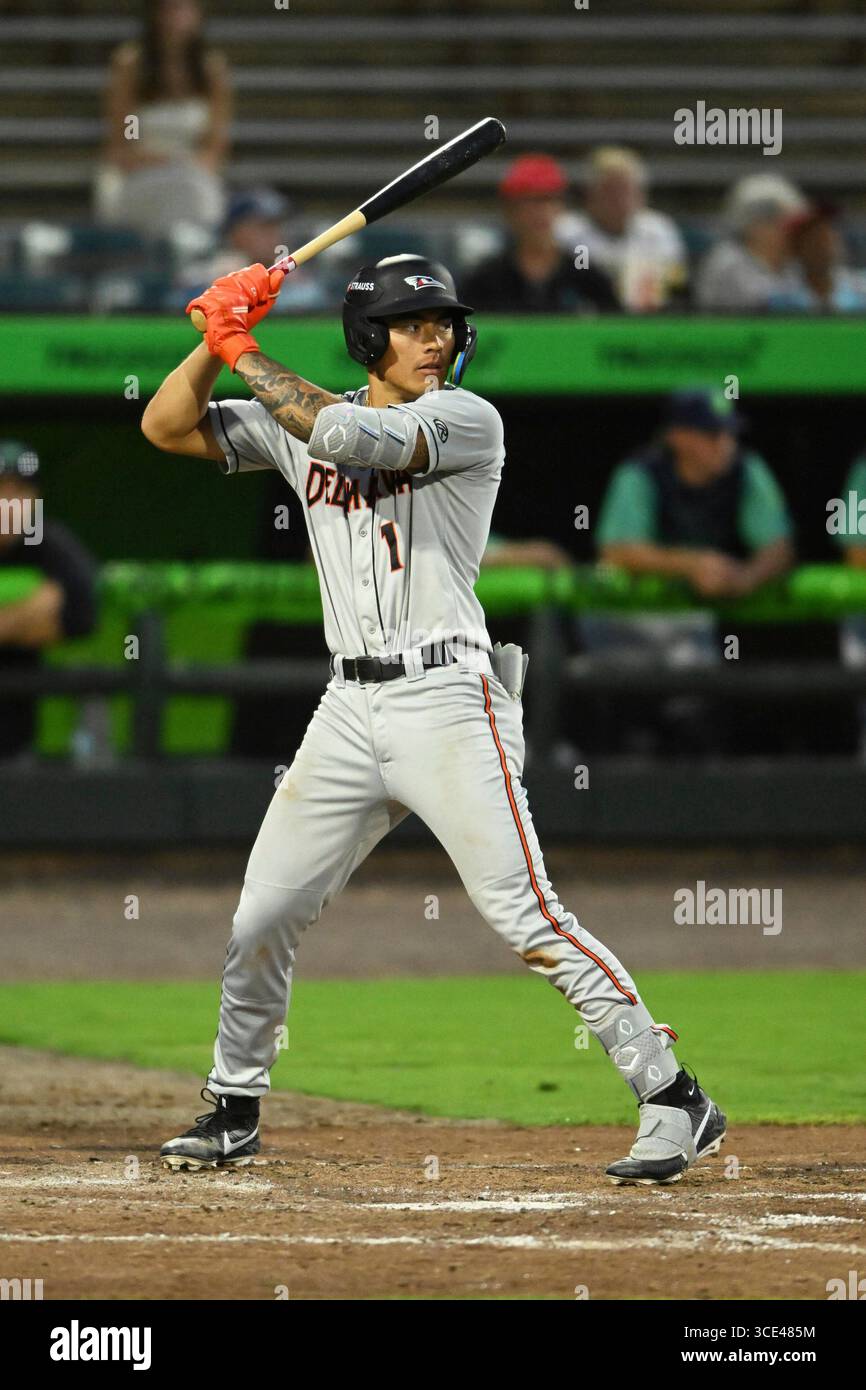 Wehiwa Aloy (1) of the Delmarva Shorebirds at bat during a Carolina ...