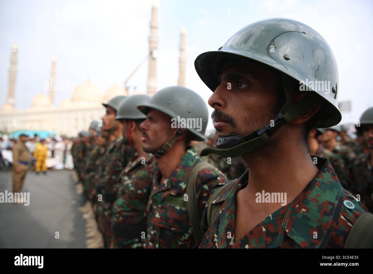 YEMEN HOUTHIS USA ISRAEL CONFLICT Houthi soldiers shout slogans during ...