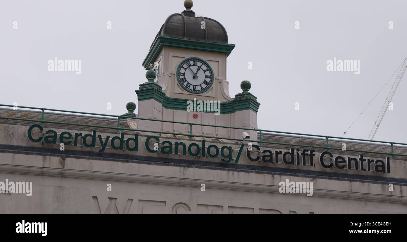 CARDIFF, UK - AUGUST 8, 2025 - Clock tower of Cardiff Central station ...