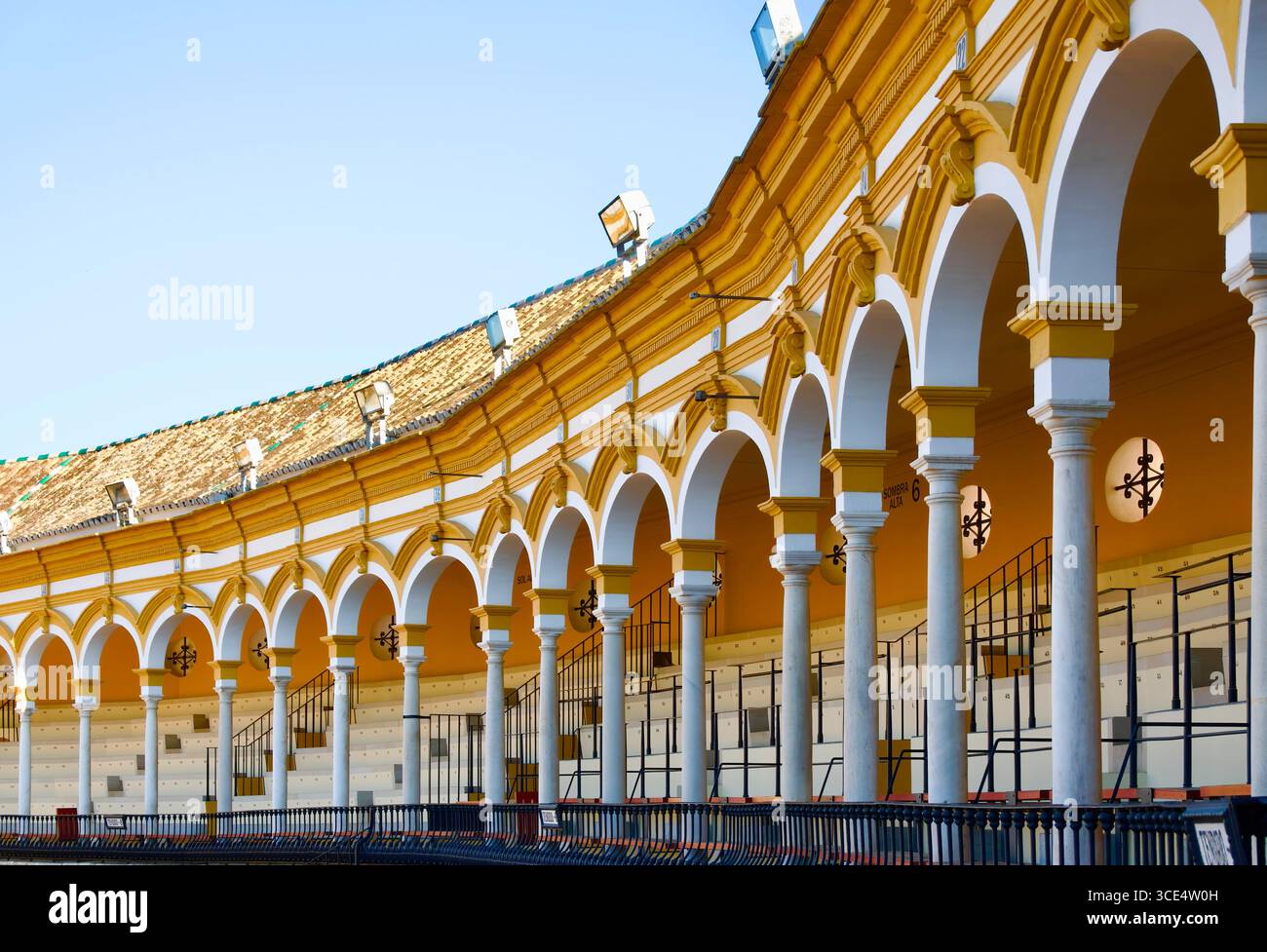 Inside the famous circular 18th century Seville bullring with the upper ...