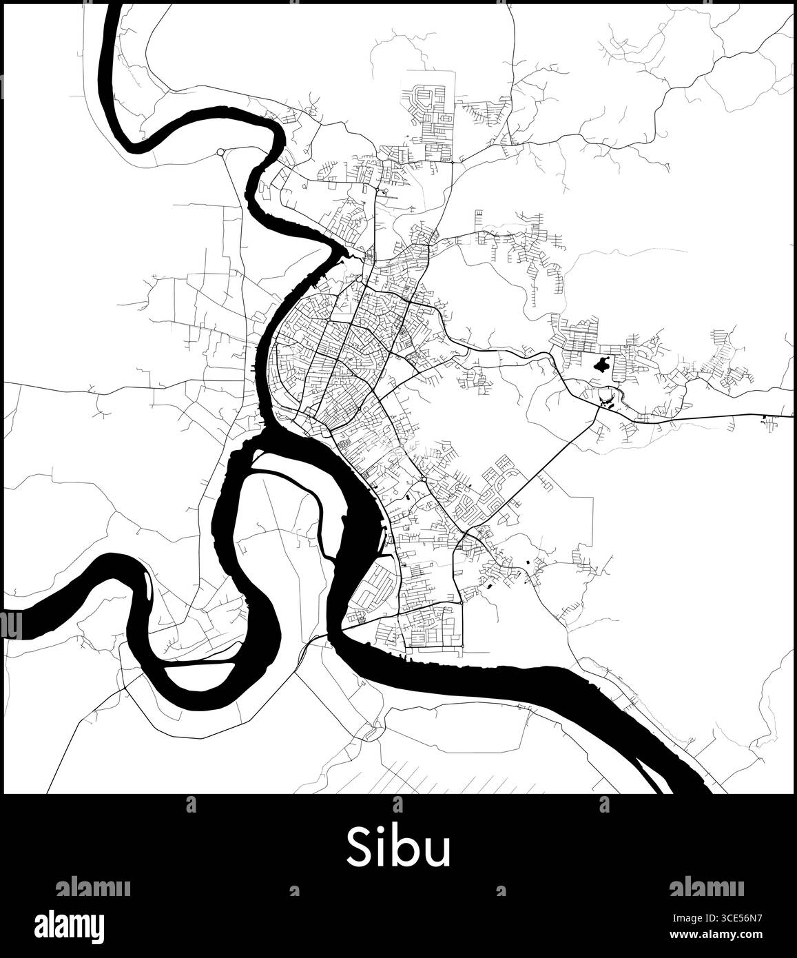 Sibu city map, Malaysia - Topographic vector map poster Stock Vector ...
