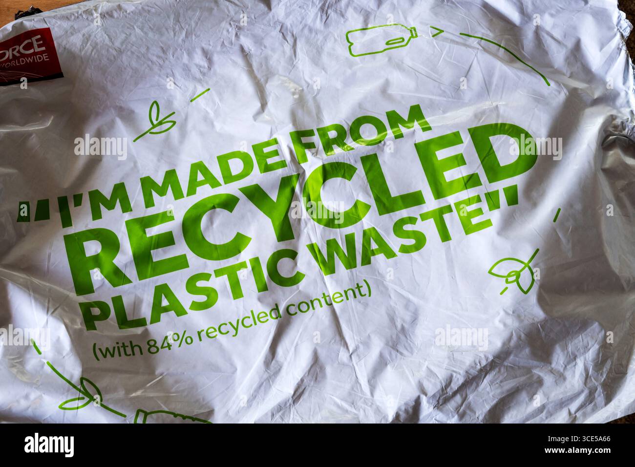 Parcelforce wrapping that says it is made from recycled plastic waste ...