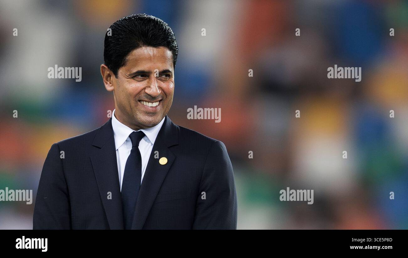 Nasser Al-Khelaifi smiles during the award ceremony following the UEFA ...
