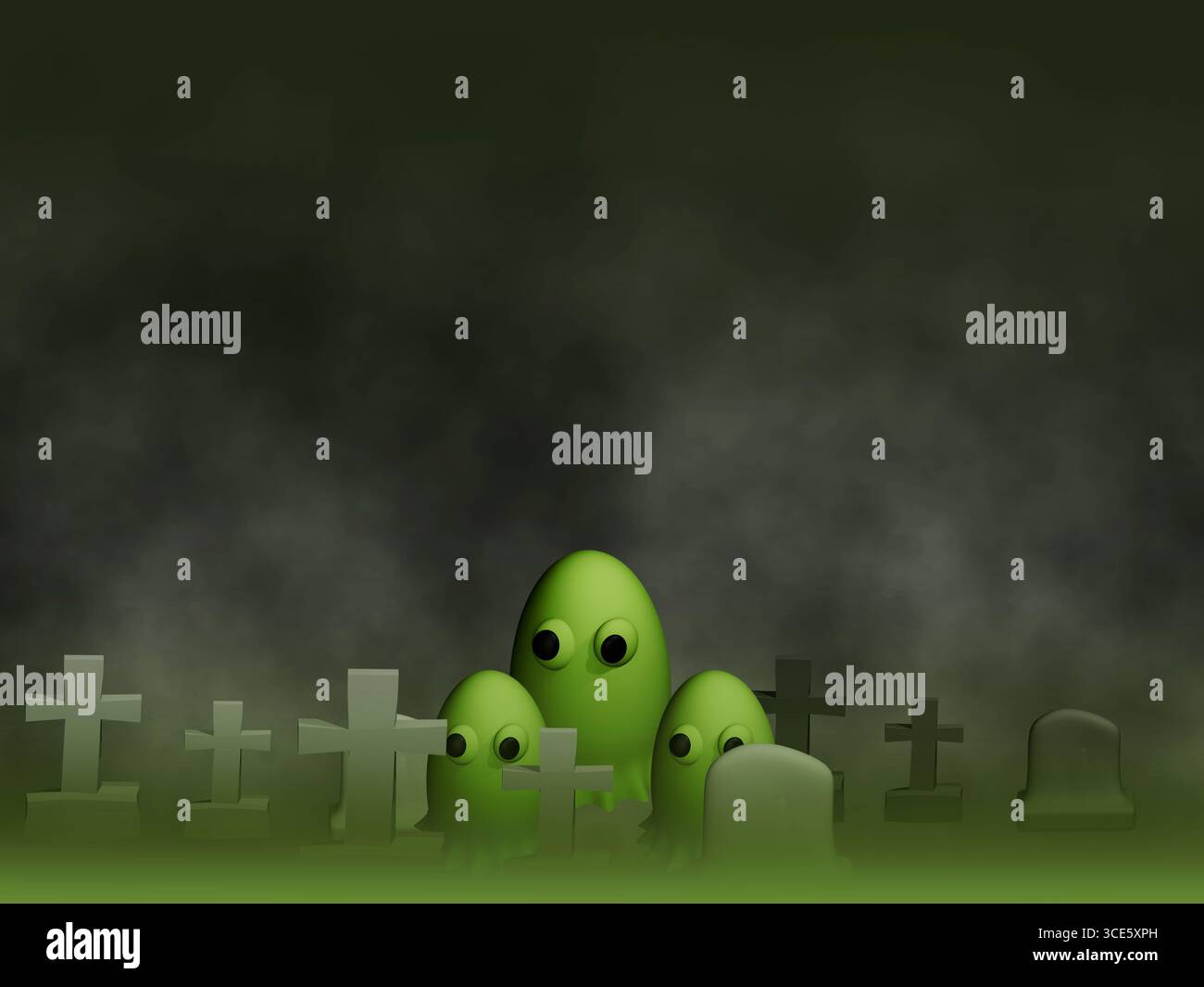 Family of green ghosts in lonely graveyard with dark clouds background ...