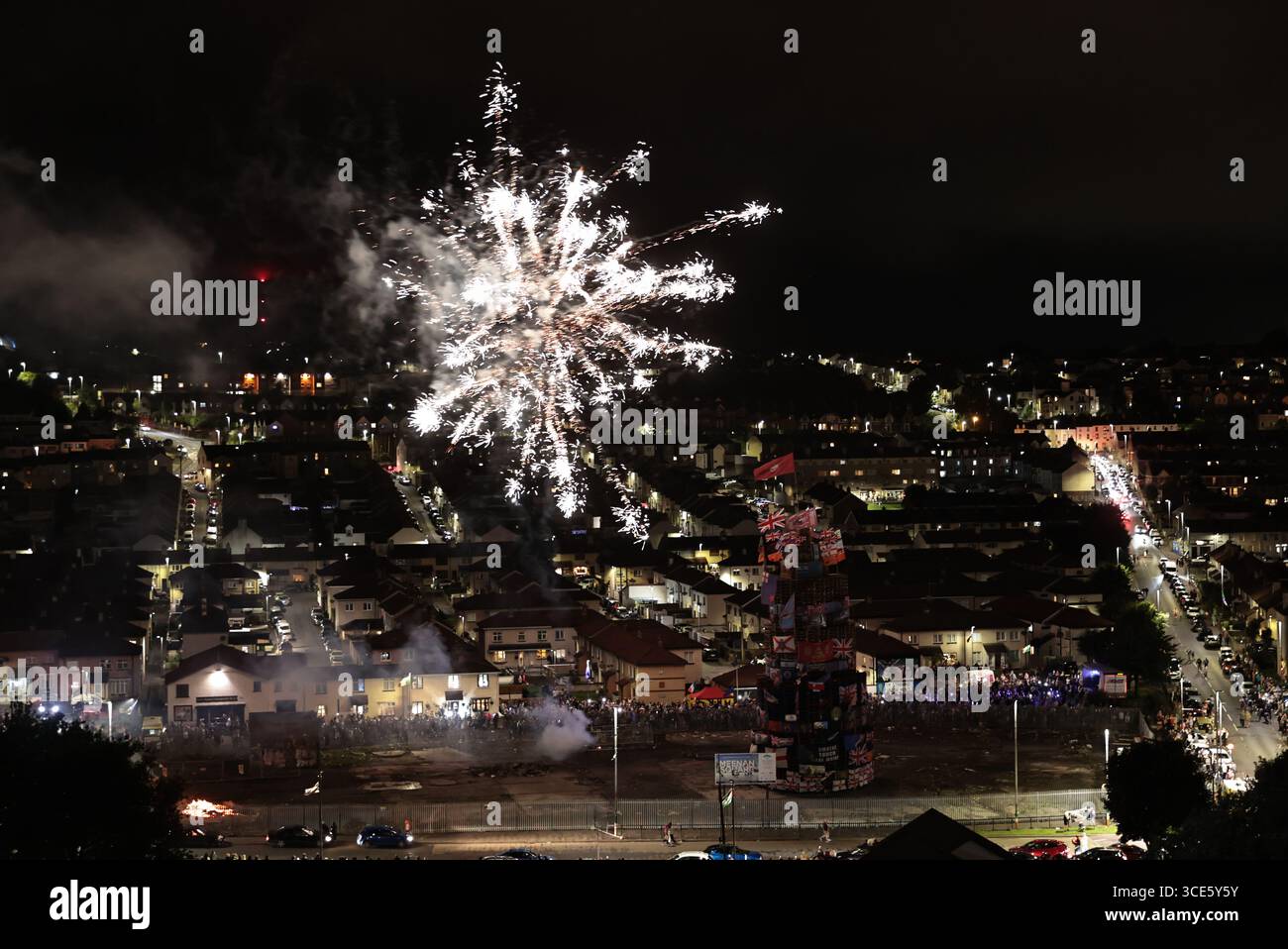 Fireworks over the bonfire in Meenan Square, in the bogside area of ...