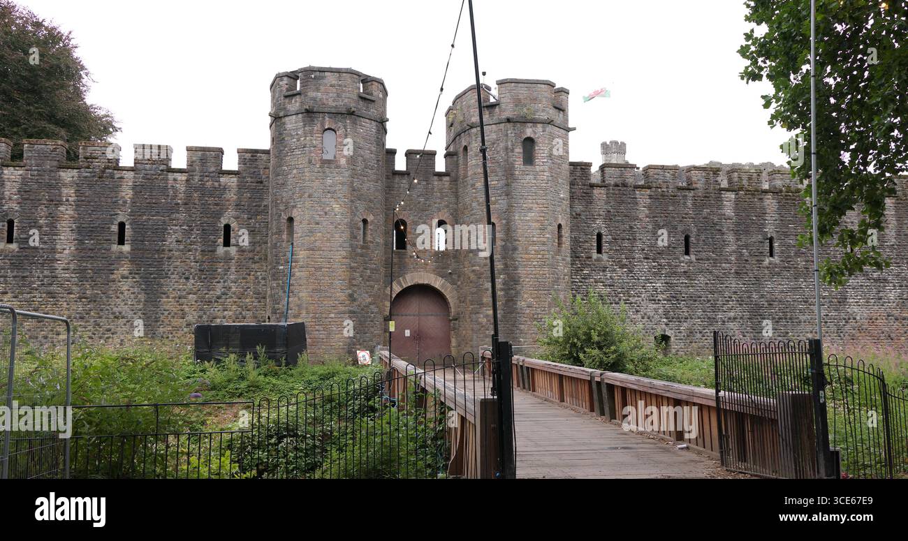 Cardiff Castle main entrance with wooden bridge leading to gatehouse ...