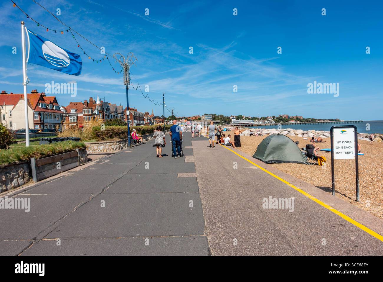 People walking along the embankment adjacent to the beach at Felixstowe ...