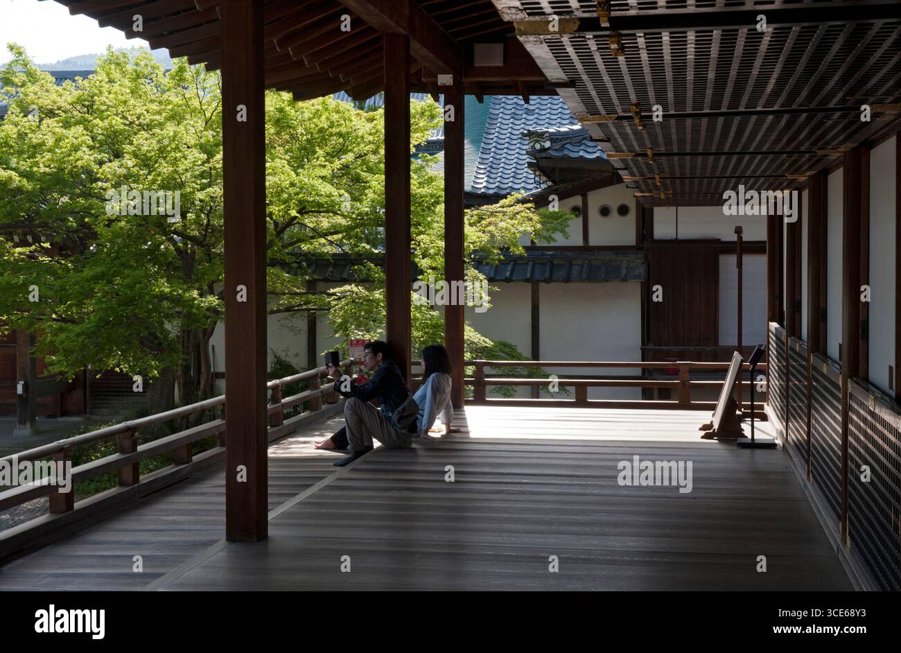 Wooden plank veranda with low railing provides a circulation space ...