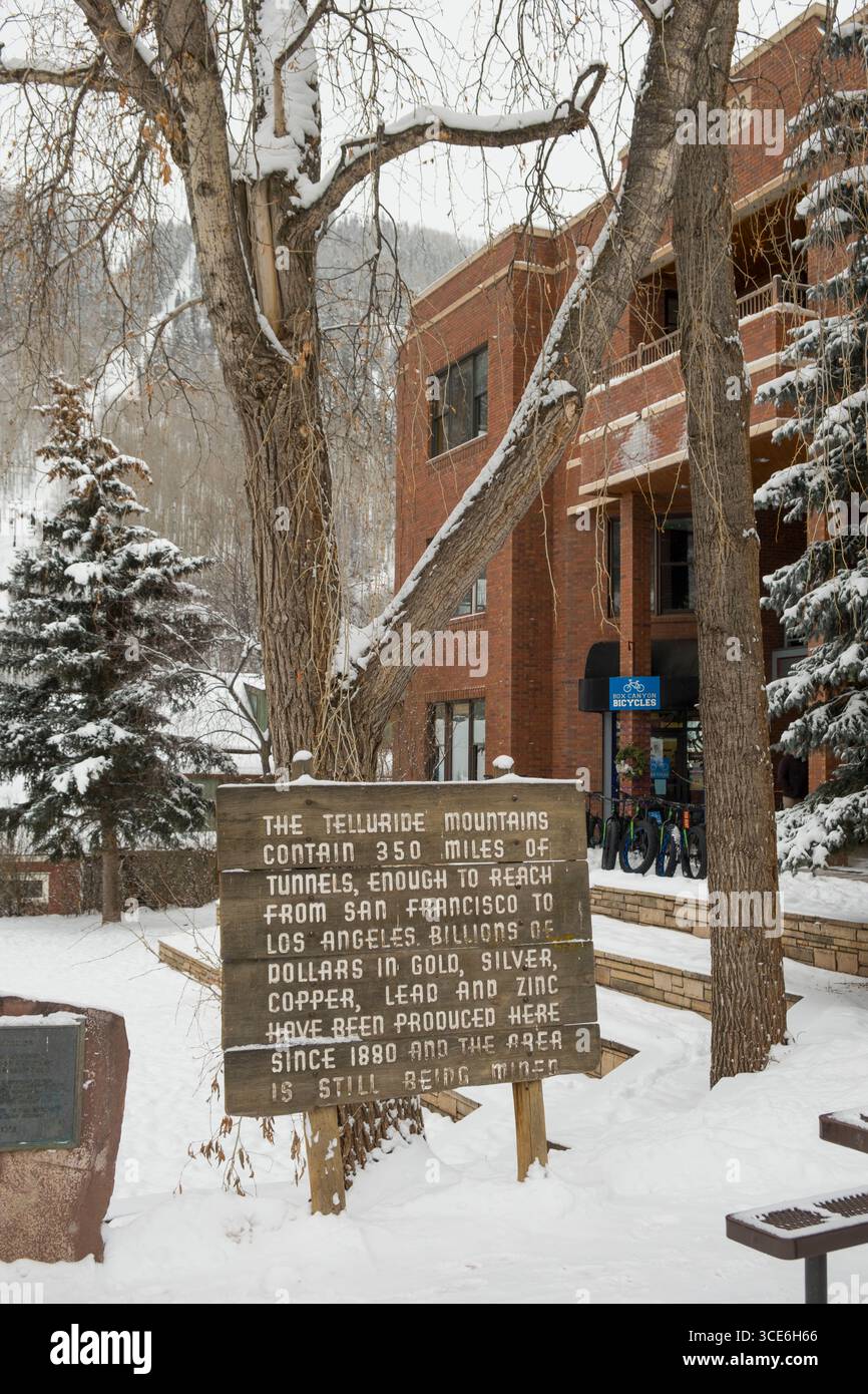 Wooden sign with brief history of Telluride in Elks Park, San Miguel ...