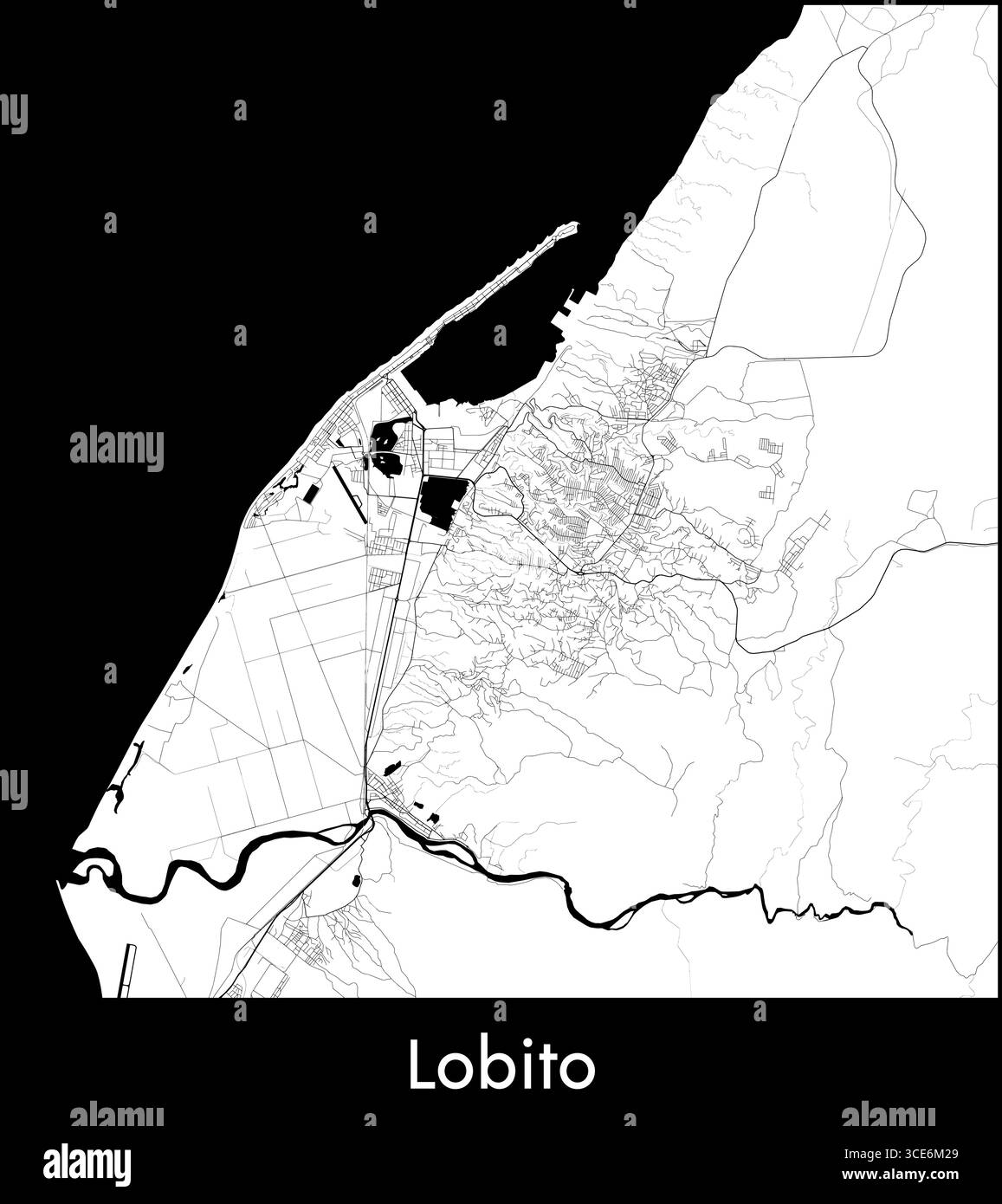 Lobito city map, Angola - Topographic vector map poster Stock Vector ...