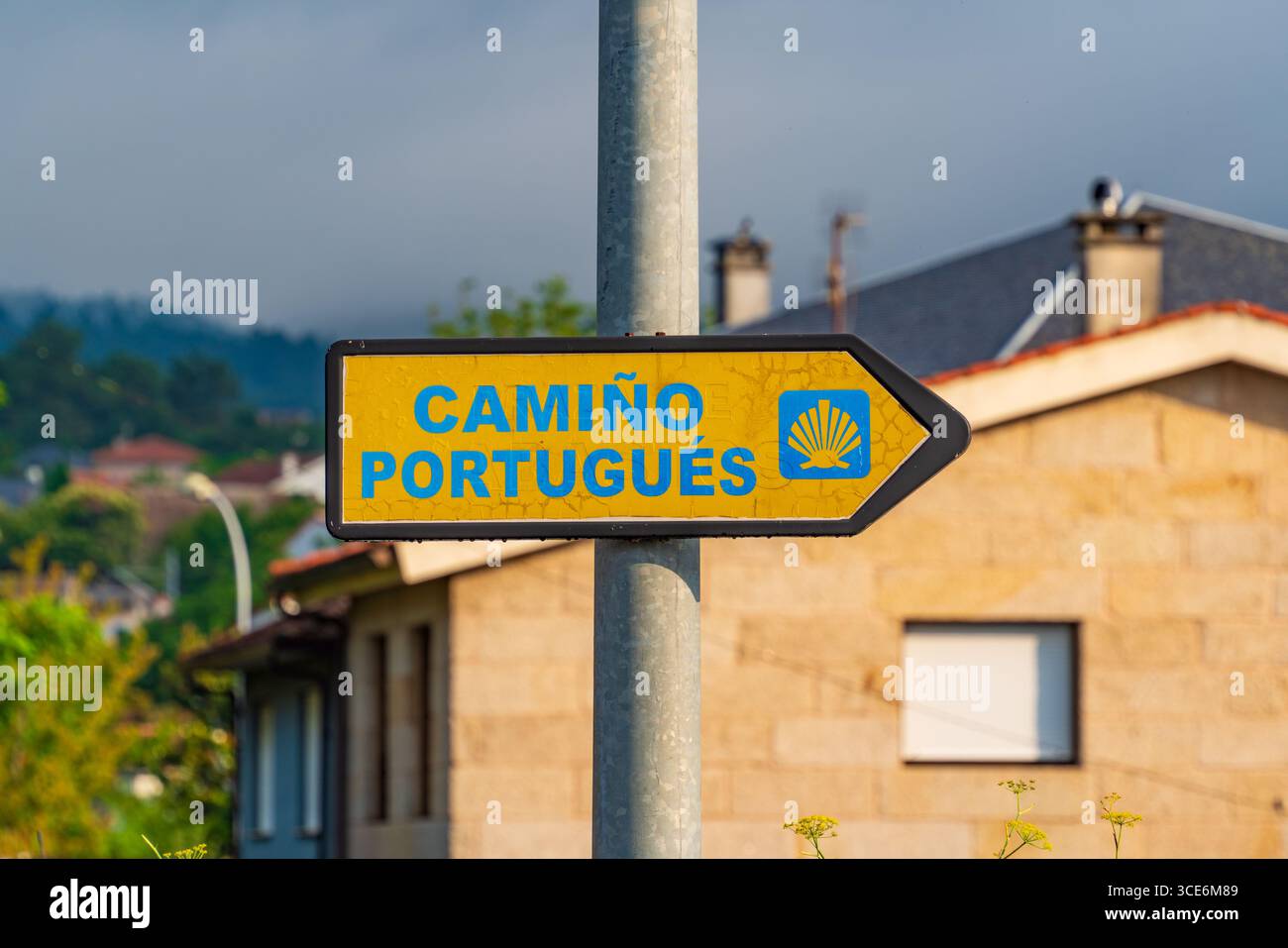A direction sign on the Camino de Santiago with symbols of scallop ...