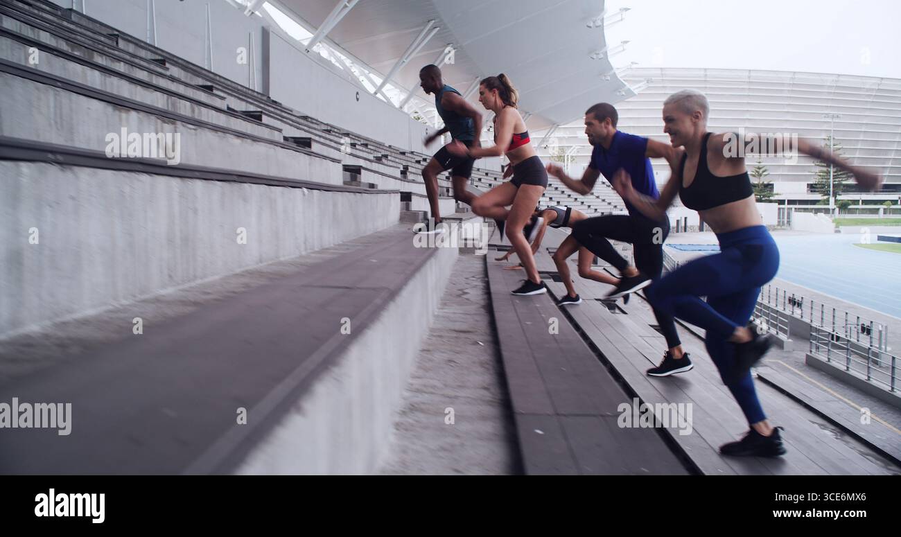 Athlete, group and running on stairs with exercise for competition ...