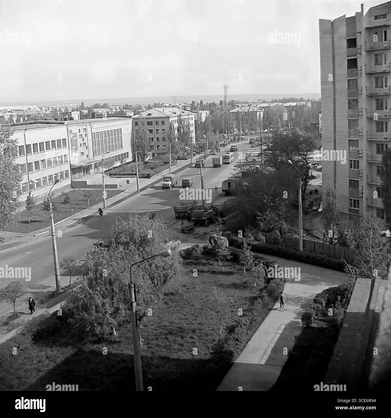 A panoramic view of Bankivska Street in Sloviansk, 1970s. A cityscape ...