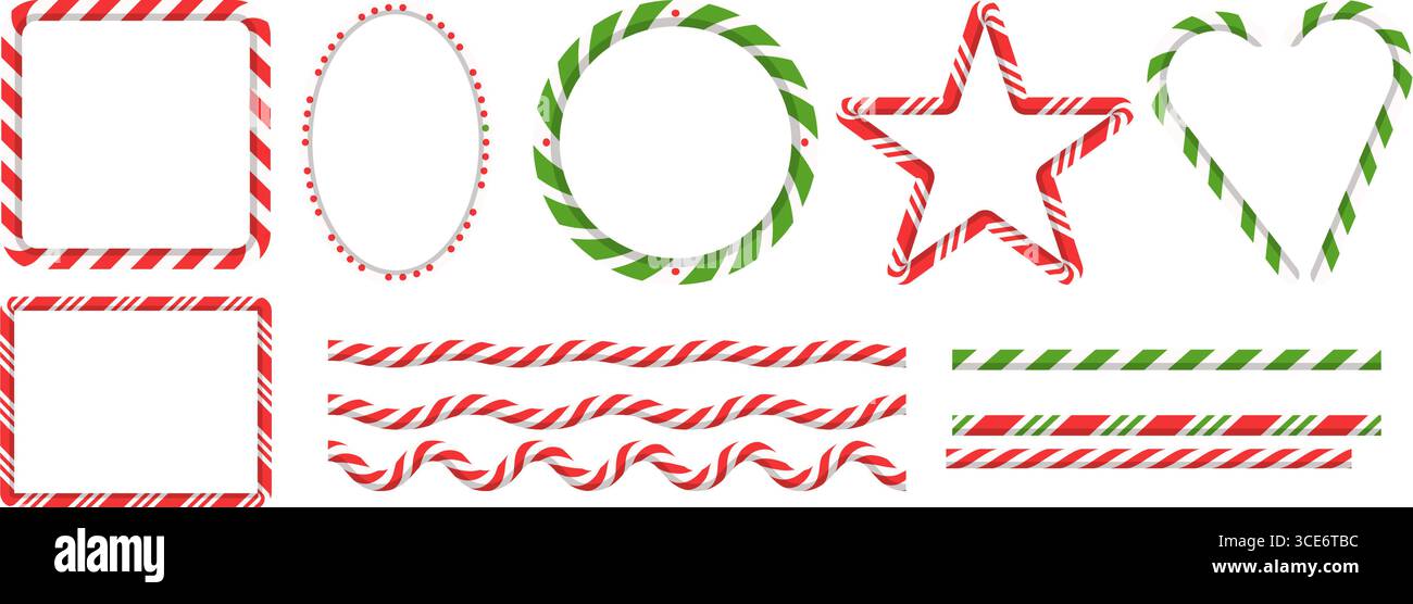 Holiday candy cane shape frames. Rectangle, circle, star, and heart ...