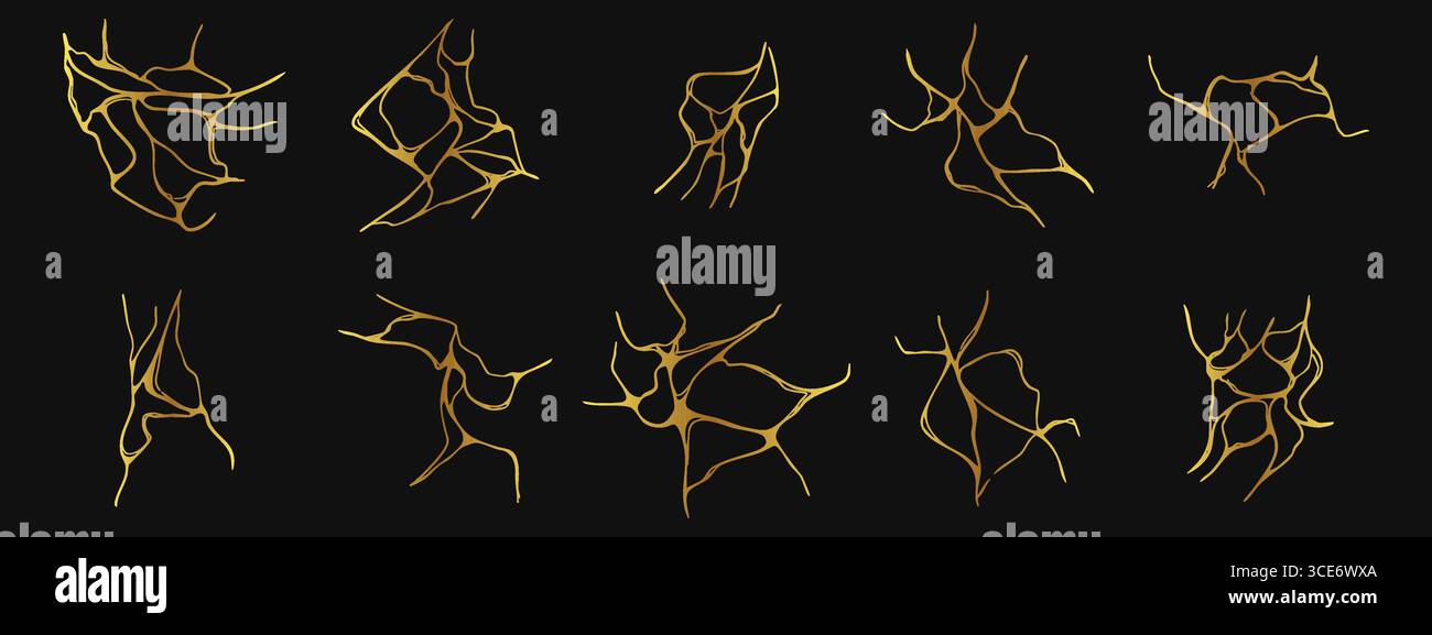 Japanese kintsugi crack elements. Abstract golden shapes for wall art, posters, and decor in ...