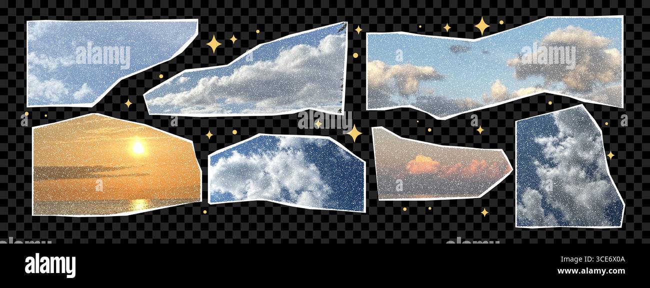 Halftone photocopy sky collage set. Torn paper cutout clouds and sunset ...