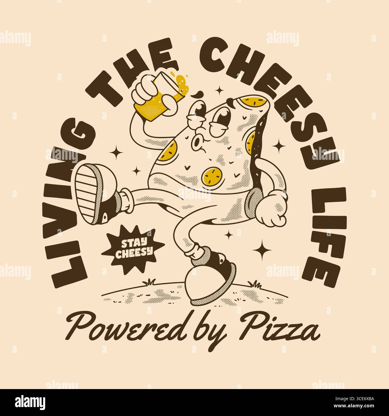 Retro pizza slice character enjoying cheesy life in a fun vintage ...