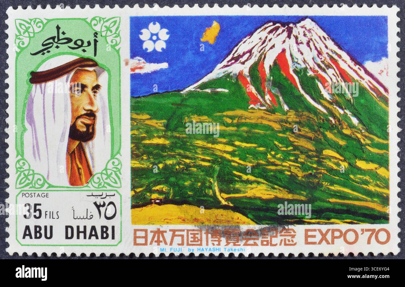 Cancelled postage stamp printed by Abu Dhabi, that shows portrait of ...