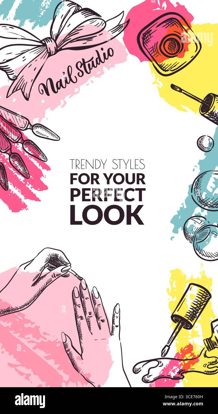Vector sketch vertical banner with hands, manicure tools, lacquers and ...