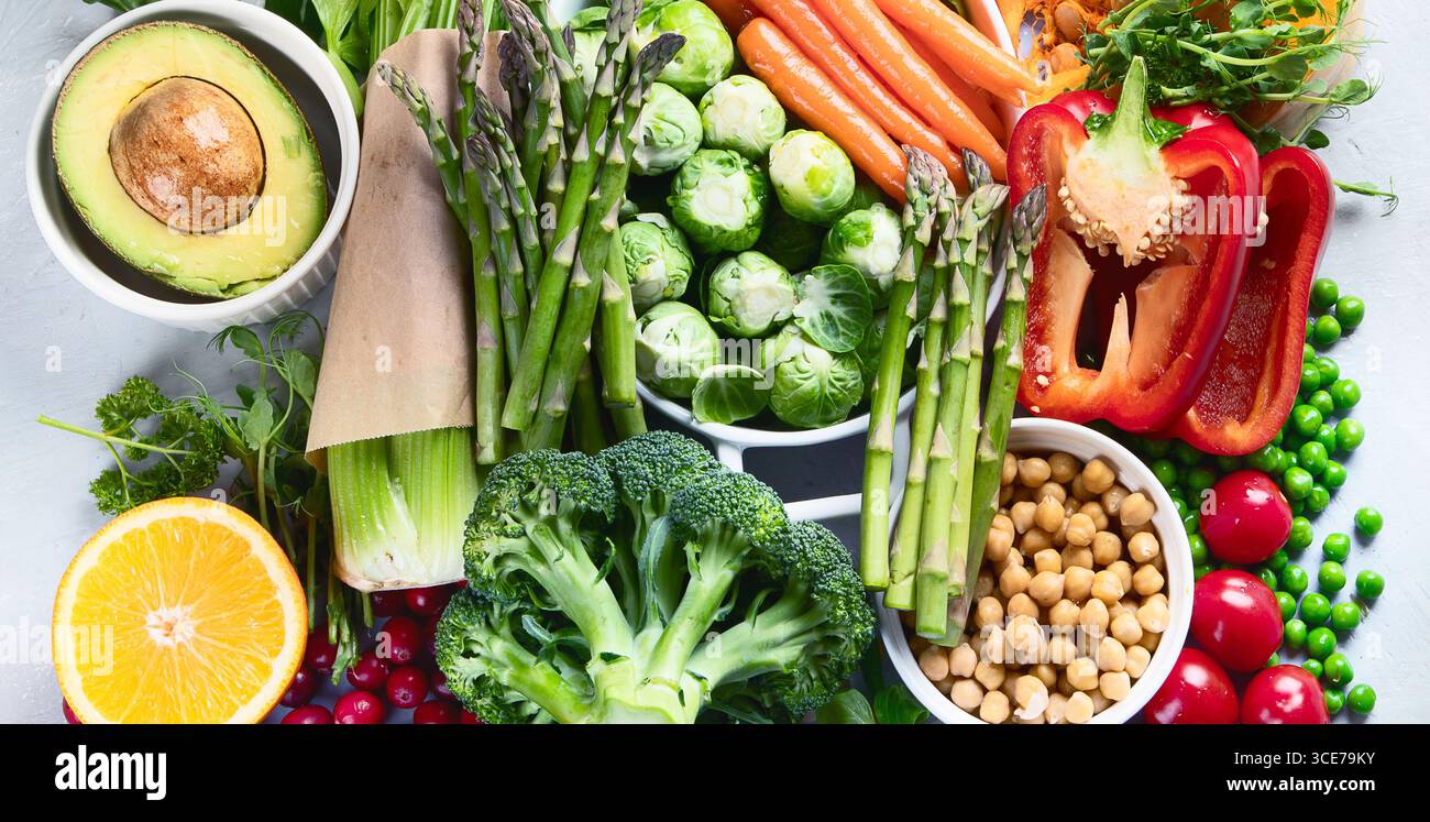 Vegan diet food. Selection of rich fiber sources vegan food. Foods high ...