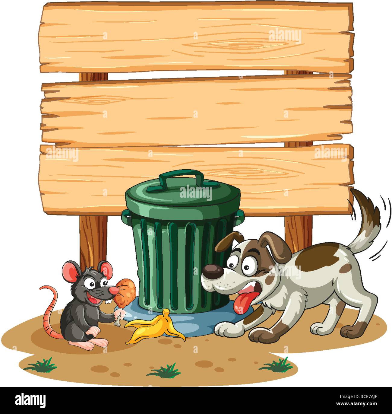 Cartoon dog and mouse interact beside a green trash can and wooden sign ...