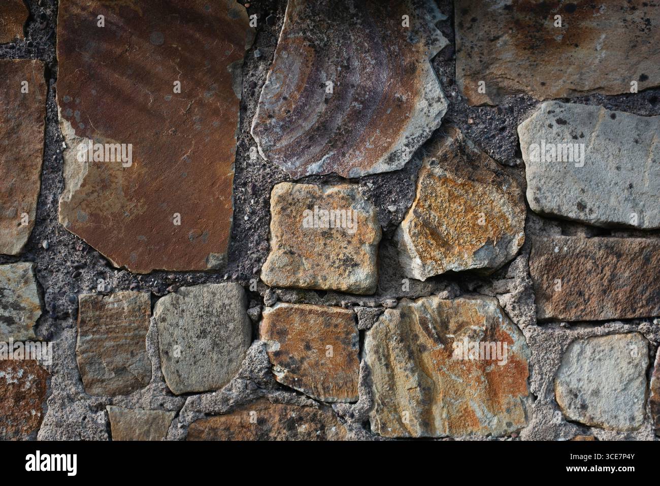 A detailed view of a stone wall, showcasing diverse textures, colors ...