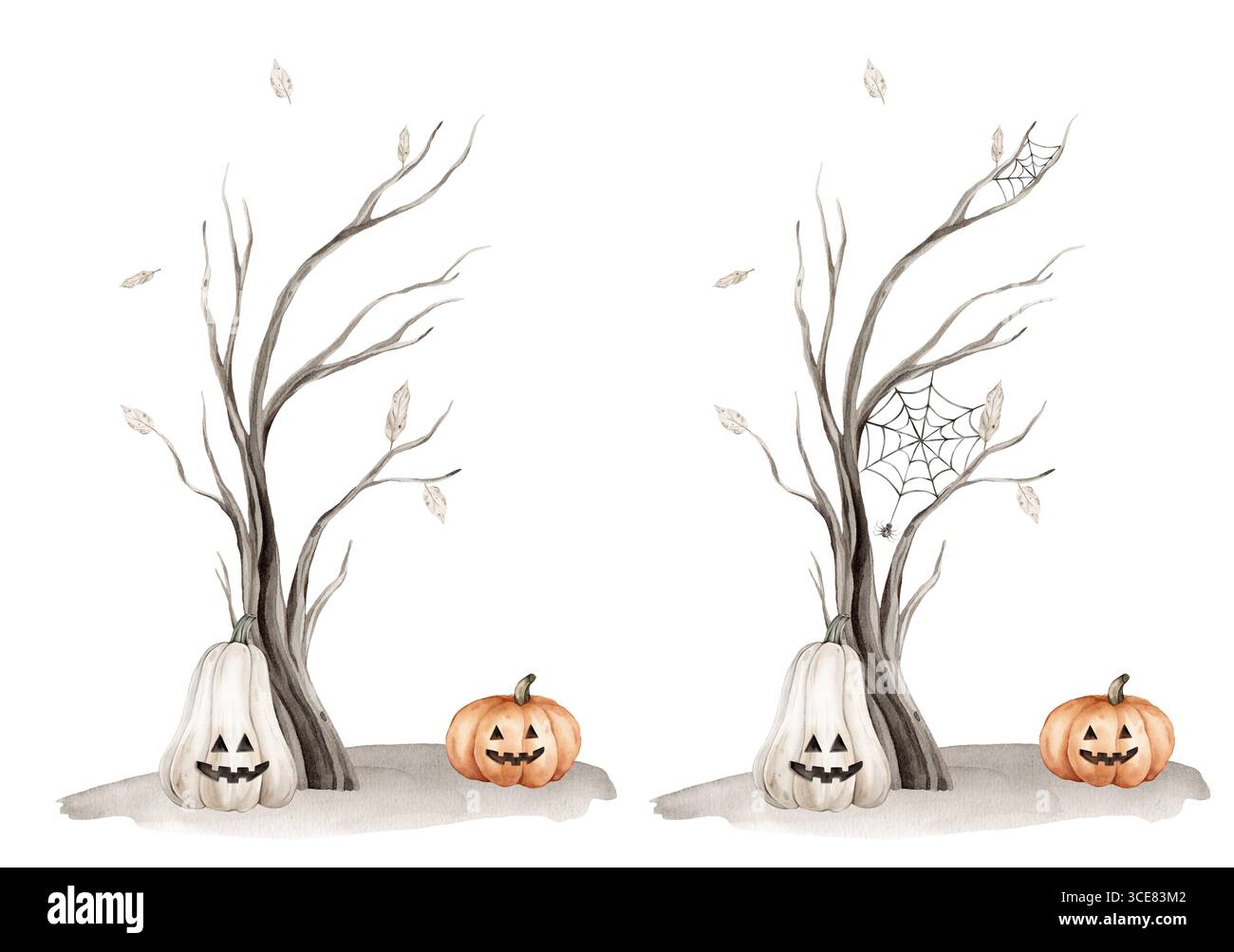 Watercolor illustration Tree without leaves silhouette and pumpkins ...