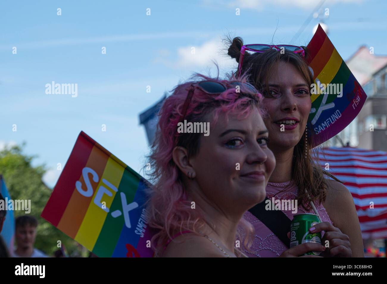 Copenhagen Pride, August 16, 2025, colorful parade with rainbow flags ...