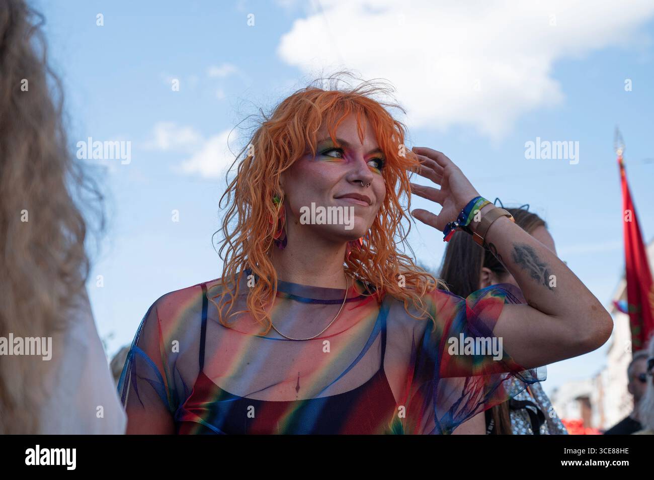 Copenhagen Pride, August 16, 2025, colourful parade with rainbow flags ...
