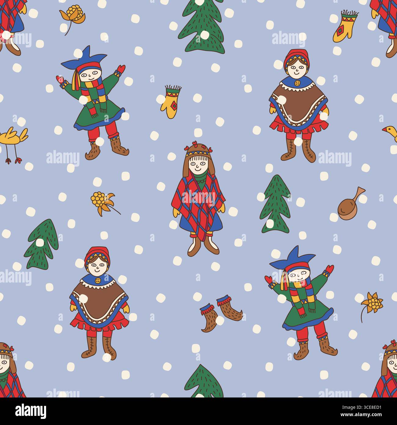 Seamless Pattern of Sami People in Traditional Clothing with Winter ...