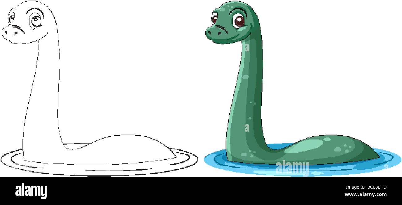 Vector illustration of a friendly green Loch Ness Monster with large ...