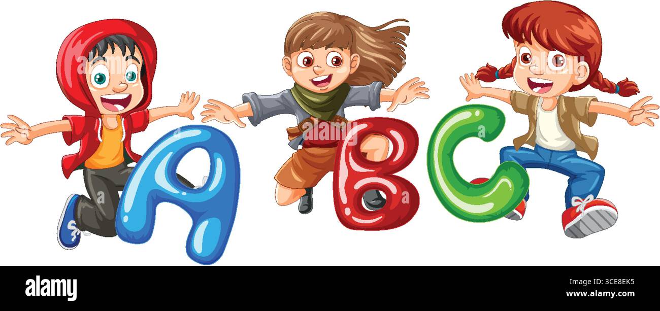 Three animated children joyfully interact with large, vibrant alphabet ...