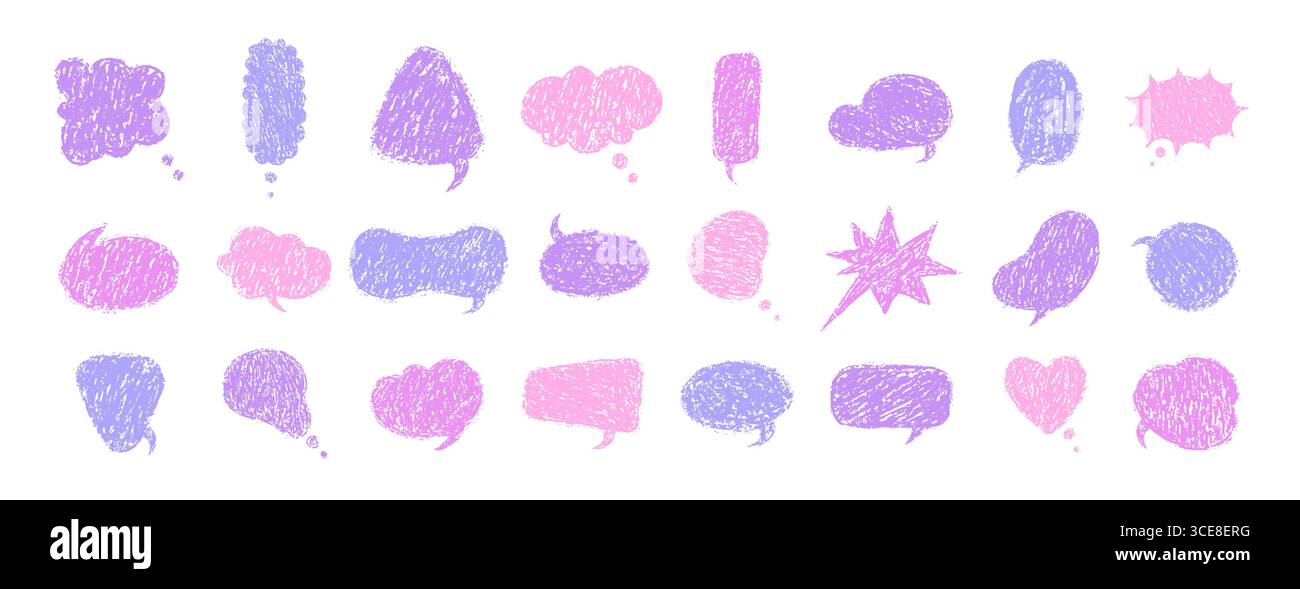 Hand drawn crayon speech bubble. Vector set with chalk scribble text ...