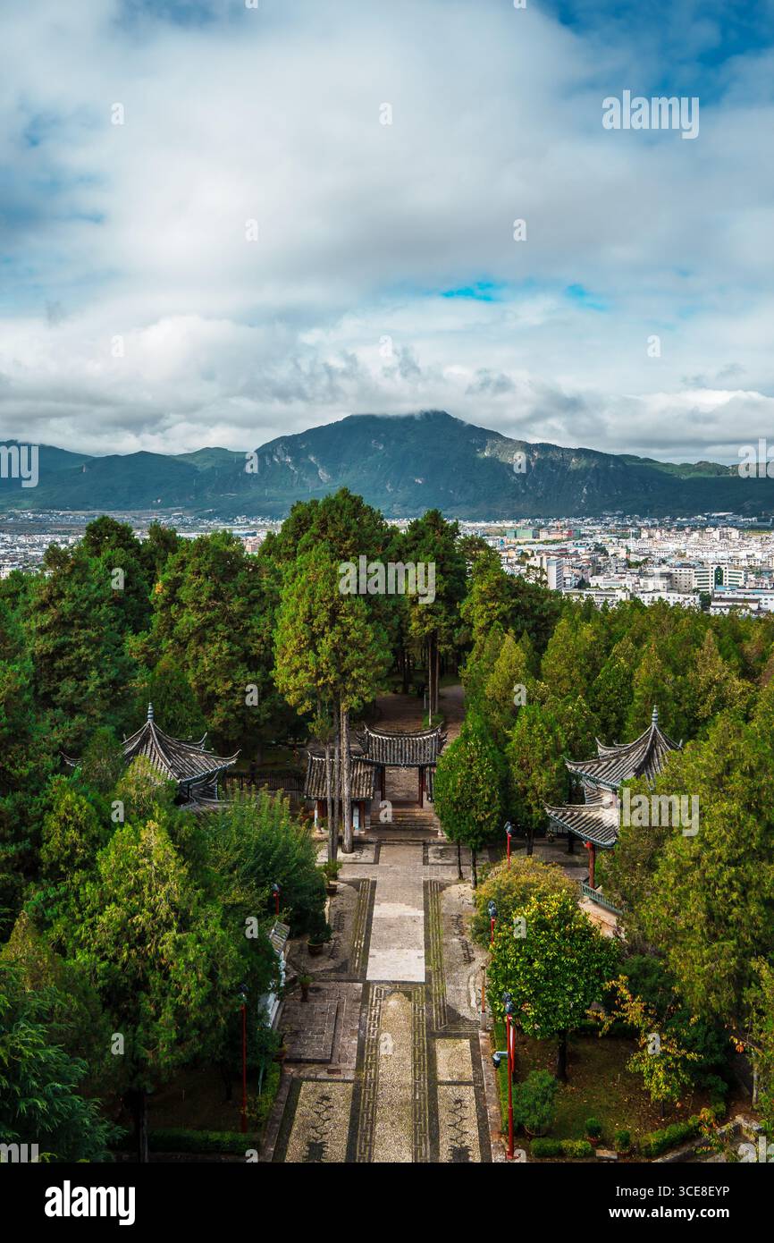 Aerial view of a traditional Chinese garden with lotus pond and ...