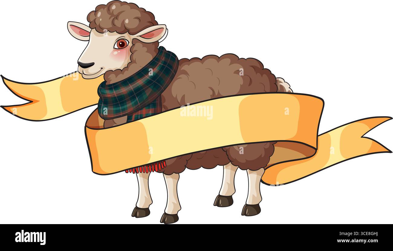 Vector illustration of a brown sheep in a green plaid scarf, standing ...