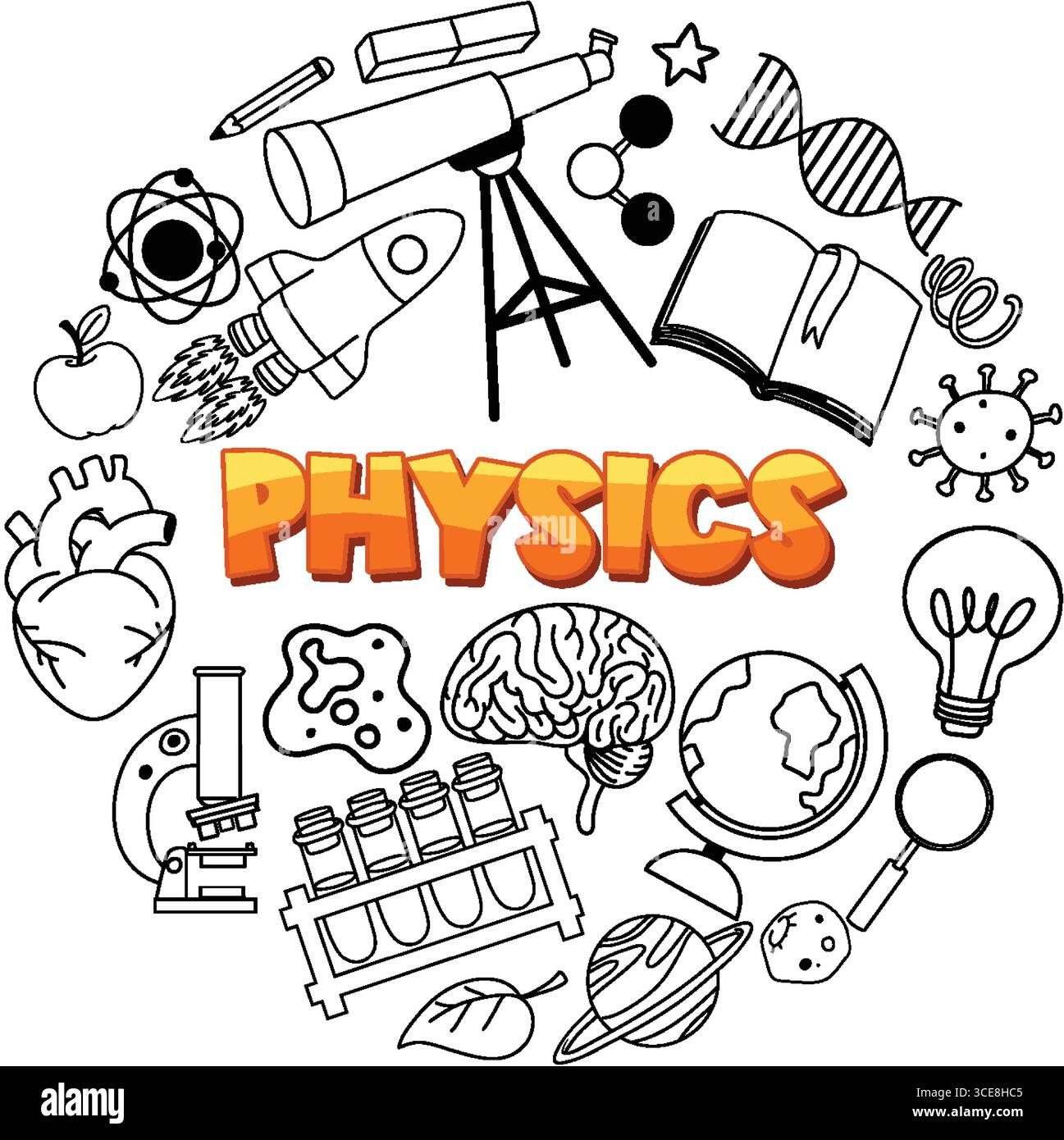 Hand-drawn vector illustration of physics-related icons arranged in a ...